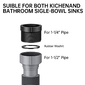 SAINT NIEVE 2 Pack Expandable Flexible 1 1/2" or 1 1/4" P-Trap Pipe for Single Kitchen Sink, Drain Pipe Kit With Adapter Seal Ring, for Kitchen Sink Drainage and Garbage Disposal (Gray)