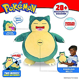 Pokemon Snooze Action Snorlax Plush, 10-Inch Plush Toy - Features Over 20 Authentic Snorlax Sounds, with 2 Modes of Play: Asleep & Awake, Plus Vibrating Belly - Eats Pecha Berry (Included)
