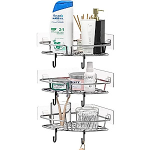 Simple Houseware Bathroom Adhesive Wall Mount Single-Tier Corner Shelf Shower Caddy, Chrome, (Set of 3)