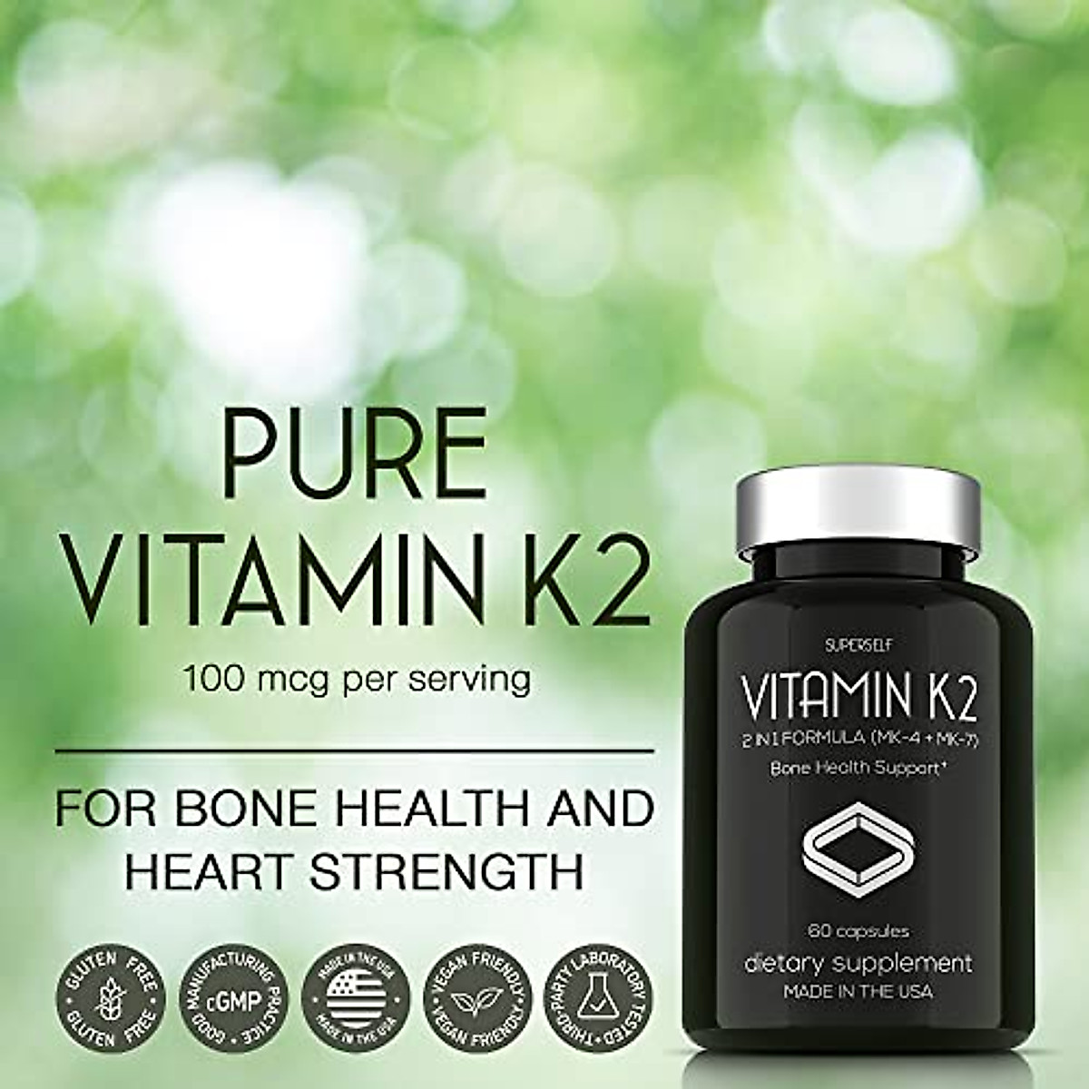 Vitamin K2 Capsules 100 mcg - Vitamin K Complex MK-7 & MK-4-60 Capsules - VIT K2 2 in 1 Formula High Strength Supplement MK7 MK4 - Made in USA - Vegan & Non-GMO