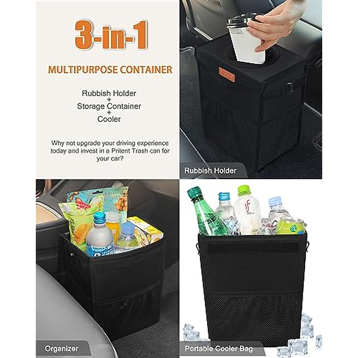 Pritent Car Trash Can with Lid, Cute Leakproof Car Trash Garbage Bag Hanging Vehicle Trash Bin Small Portable Automotive Garbage Cans Organizer for Back/Front Seat/Console(Trapezoid,Black)
