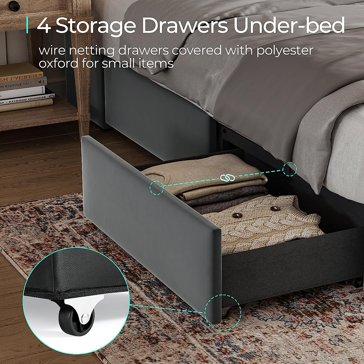 LINSY Upholstered Queen Bed Frame with 4 Drawers, RGB Lights, Fast Charger and Headboard - No Box Spring Needed, Dark Grey