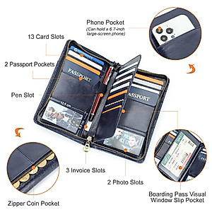Contacts Passport Wallet Leather Family Passport Holder for 4 Travel Documents Organizer RFID Blocking Zipper Blue Card Wallet with 13 Card Slot