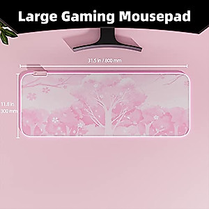 Pink RGB LED Gaming Mouse Pad, 14 Modes Glow Pad, Extra Large Gaming Mousepad,Waterproof Rubber Non Slip Cute Sakura Mat, Extended Big Keyboard and Mouse Pad Mat for Gamer Office Home, 800×300×4mm