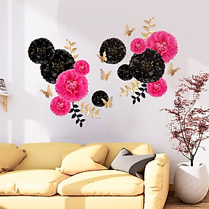 Fonder Mols Tissue Paper Flowers Pom Poms Blooms(Black & Hot Pink, 12pcs) for Bridal Shower Bachelorette Birthday Party Nursery Wall Decorations, Hot Pink and Black Party Decorations