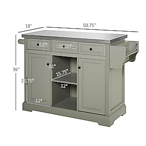 HOMCOM Rolling Kitchen Island with Storage, Kitchen Cart with Stainless Steel Top, Spice Rack & Drawers, Gray