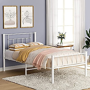 4 EVER WINNER Twin Platform Bed Frame with Headboard, Twin Bed Frames 14 Inch, Heavy Duty Steel Salt Twin Metal Bed Frames, No Box Spring Needed, Mattress Foundation, Anti-Slip (White Twin Bed)
