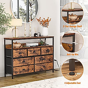 Dresser TV Stand with Power Outlets, Console Sofa Table with 7 Fabric Drawers and Shelves, Nightstand Set 2 with 2 Fabric Drawers, End Table with Open Wood Shelf, Side Table for Bedroom, Living Room