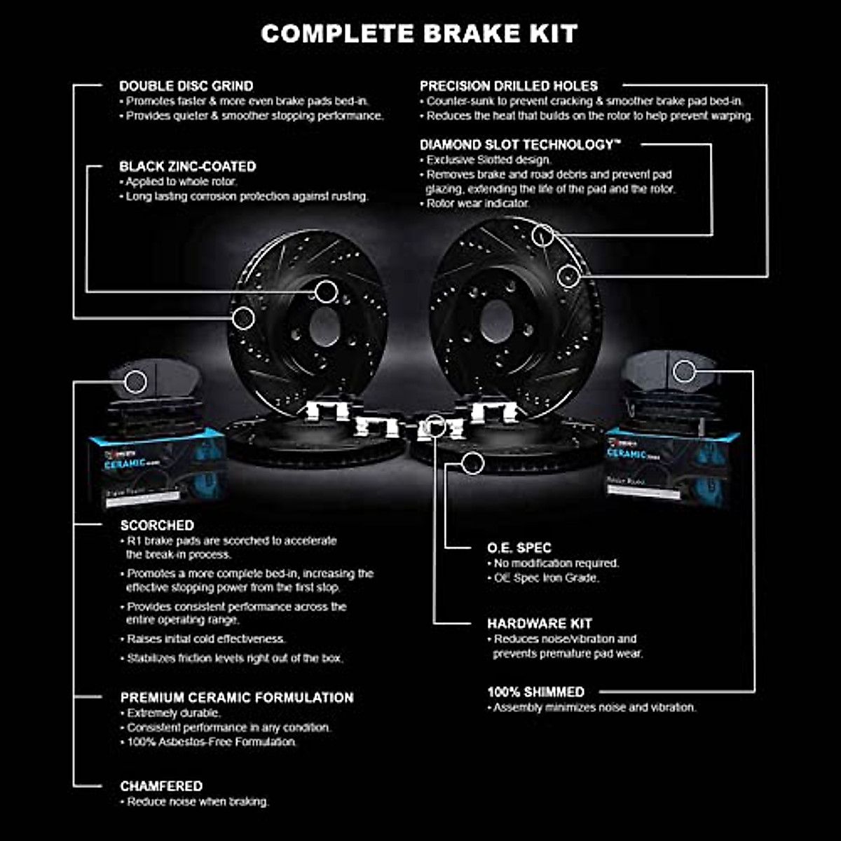 R1 Concepts Front Rear Brakes and Rotors Kit |Front Rear Brake Pads| Brake Rotors and Pads| Ceramic Brake Pads and Rotors |Hardware Kit|fits 2006-2010 Lexus IS250