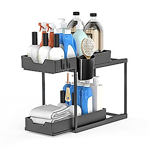 Verdenu Under Sink Organizer, 2 Tier Sliding Drawer Pull Out Organizer and Storage, Under Cabinet Organizer, Bathroom Organizer Under Sink with Hanging Cups and 4 Hooks for Bathroom, Kitchen