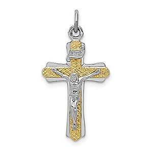 Diamond2Deal 925 Sterling Silver Rhodium-plated Gold-tone INRI Religious Crucifix Cross Pendant for Women (L- 29 mm W- 15 mm)