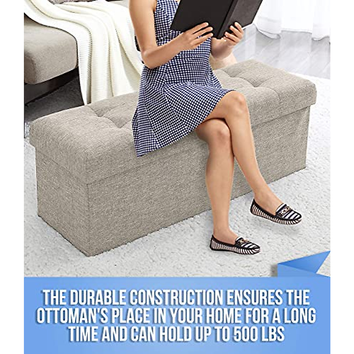 Ornavo Home Foldable Tufted Linen Large Storage Ottoman Bench Foot Rest Stool/Seat - 15" x 45" x 15" (Beige)