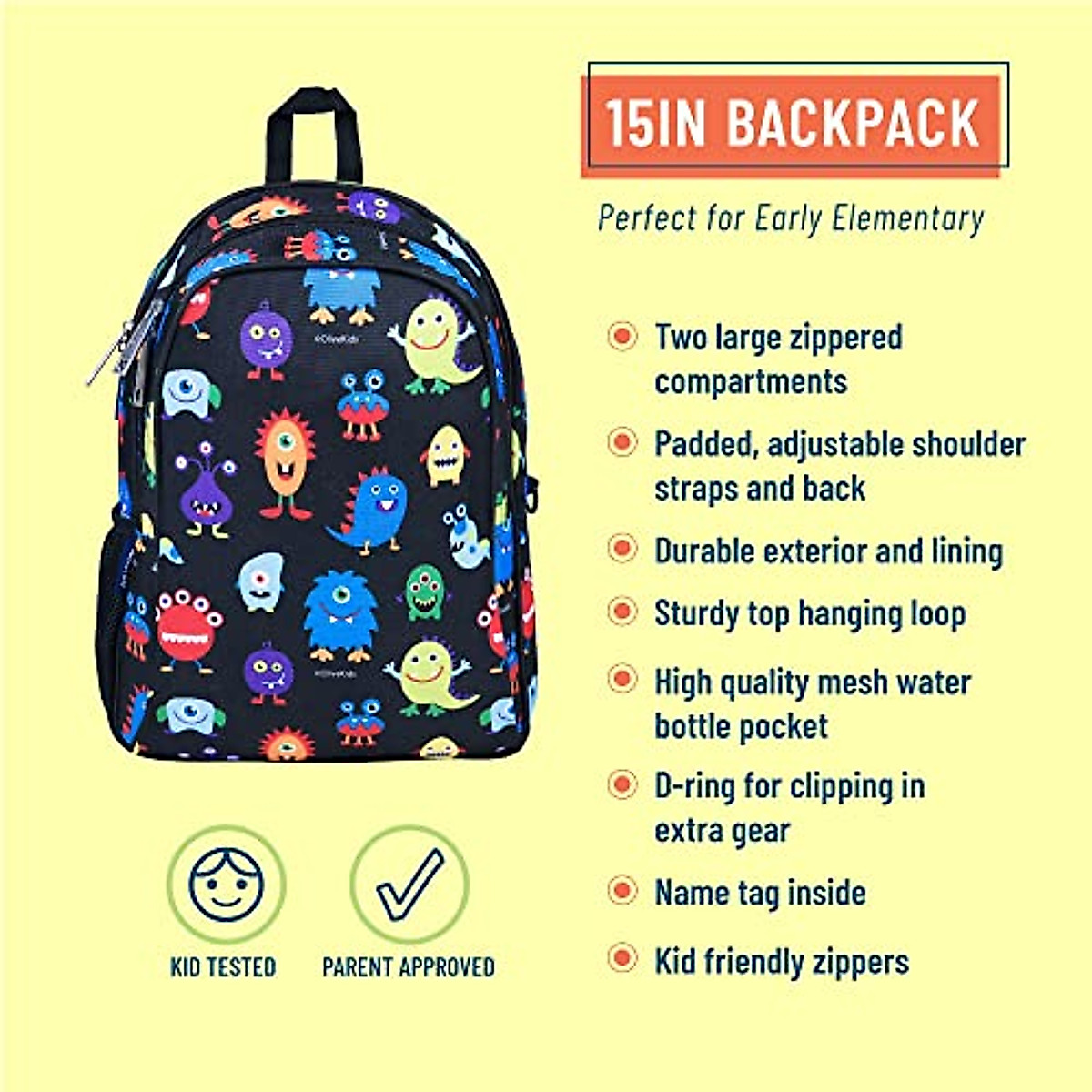 Wildkin 15-Inch Kids Backpack for Boys & Girls, Perfect for Early Elementary, Backpack for Kids Features Padded Back & Adjustable Strap, Ideal for School & Travel Backpacks (Monsters)