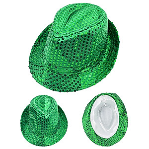 St Patrick's Day Fedora Hat Green Sequin Irish Hat for Men Women Paddy's Day Fancy Cap Western Fashion Sequin Bow Tie and 3 Green Beads