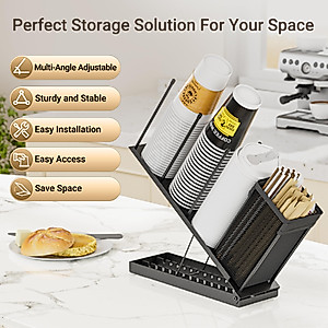 Dunatou Cup and Lid Holder, Adjustable Coffee Cup Holder Organizer, 4 Compartment Coffee Cup Dispenser, straw dispenser for Countertop Coffee Station Bar Office Breakroom, Black