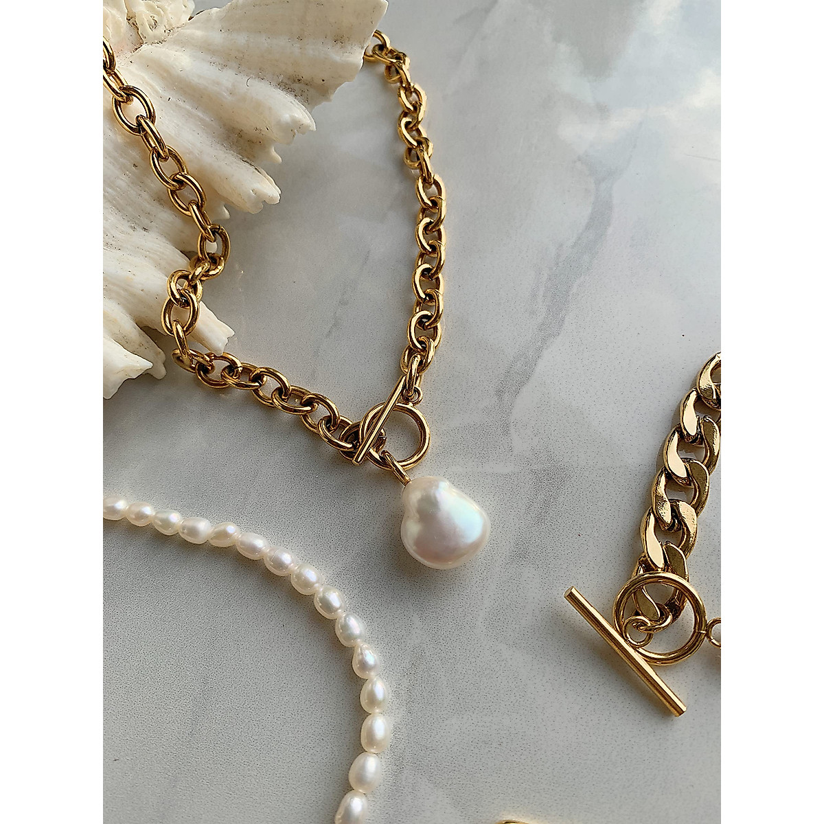 Cult of Sun Baroque Pearl Necklace 18K Gold Plated Tarnish Resistant Freshwater Pearl Necklace Gold Pearl Necklace Toggle Necklace Cultured Pearl Necklace Gold Toggle Necklace Chunky Pearl Necklace