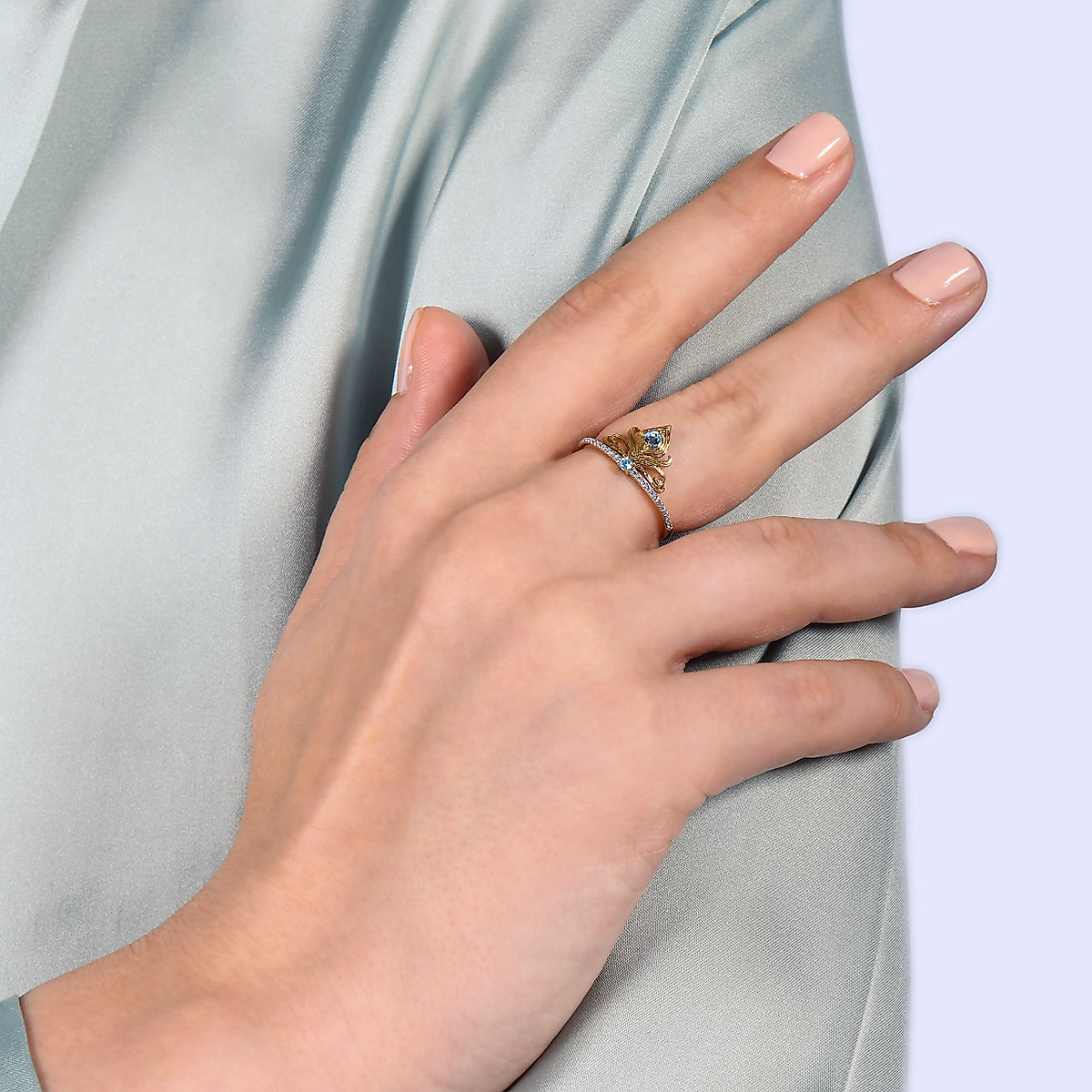 Jewelili Enchanted Disney Fine Jewelry 14K Yellow Gold Over Sterling Silver Round Swiss Blue Topaz and 1/10 Cttw Natural White Round Diamond Jasmine Ring, Size 7