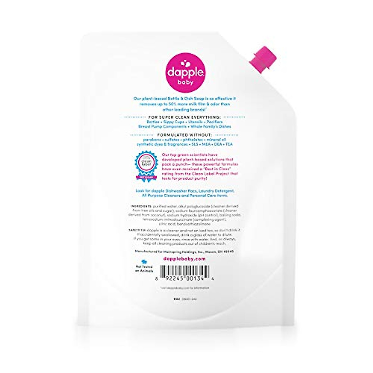 Dapple Refill Pack Baby Bottle and Dish Liquid, Fragrance Free, 34 Fluid Ounce