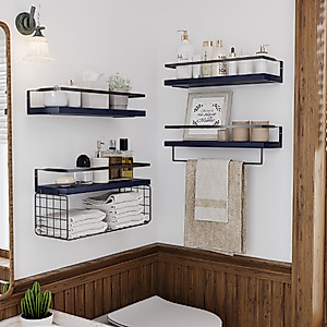 LUDORU Wood Floating Shelves Wall Mounted - 4+1 Tier Rustic Bathroom Wall Shelves Over Toilet with Wire Storage Basket and Towel Bar, set of 4 Farmhouse Floating Shelf for Bathroom, Kitchen,Navy Blue.