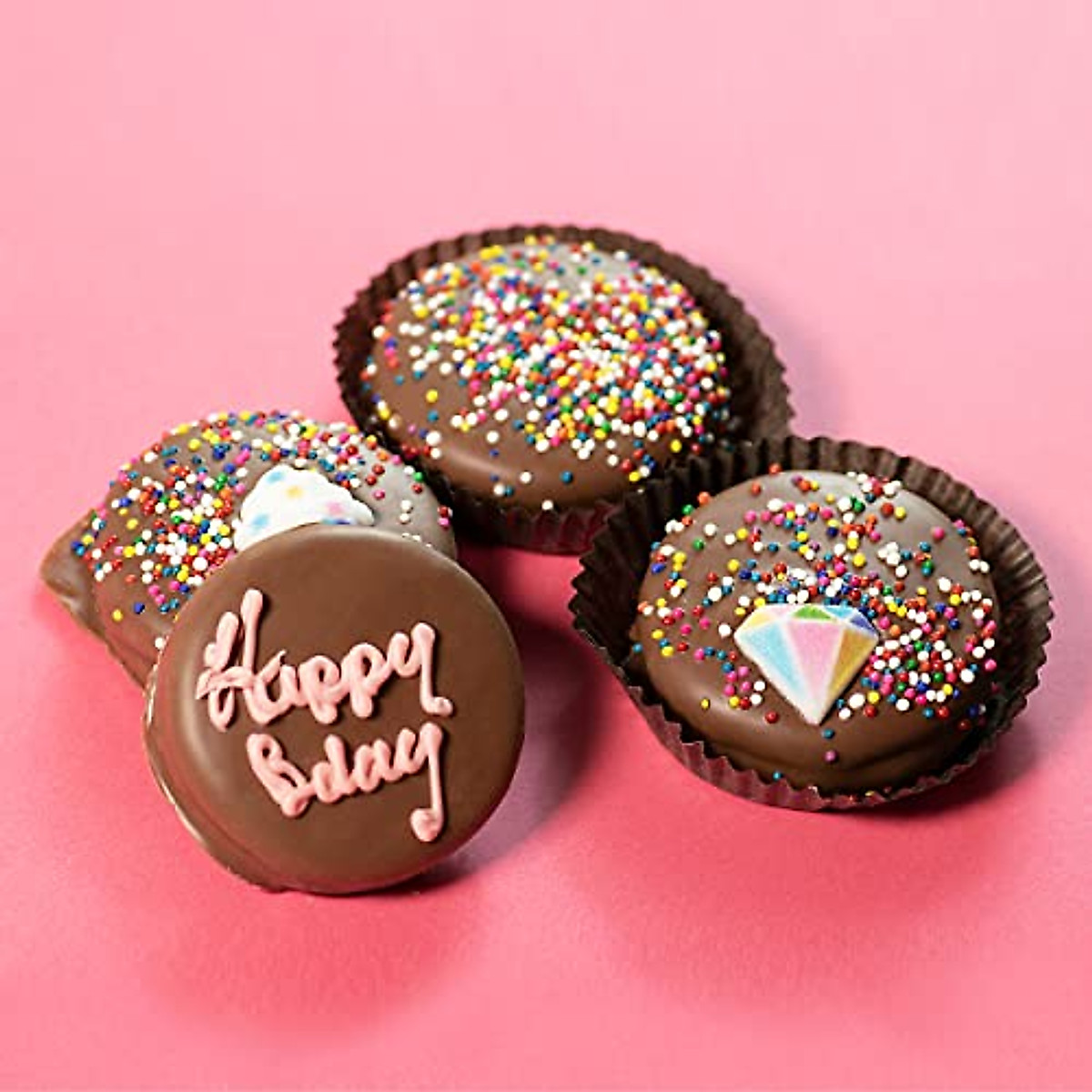 Happy Birthday Chocolate Dipped Oreo Cookies Gift | Olde Naples Hand Decorated Oreo Cookies | Gift Basket 7pc Oreo Cookies Assortment Milk Chocolate (Pink)