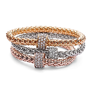 Pera Jewelry 14K Gold-Silver-Rose Gold Filled Bracelet 3 PCS, Corn Chain Bracelet Crystal Multilayer Charms Stretch Bracelet, 3 Color Multilayer Bracelets, Crystal Stones Charms with Gift Box