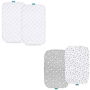 Waterproof Bassinet Mattress Protector, Ultra Soft Bamboo Terry Surface & Bassinet Sheets Compatible with ANGELBLISS Baby Bassinet, 100% Jersey Knit Cotton Sheets, 2 Pack