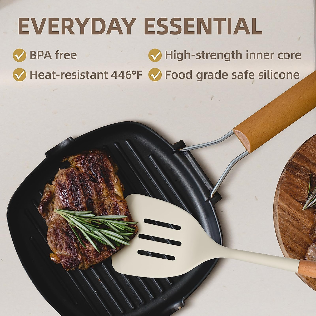 Kikcoin Large Kitchen Utensils Set - 7 PCS Silicone Cooking Utensils Set Heat-resistant 446 °F, Wooden Handle with Plastic Utensil Holder, BPA Free Spatula Ladle Spoons for Non-stick Cookware, Beige