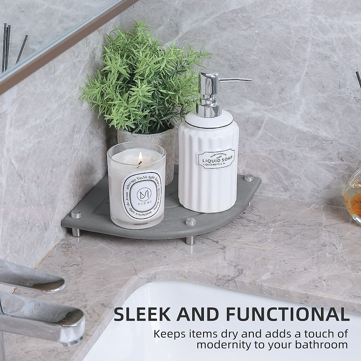 SUEH DESIGN Corner Sink Caddy, Instant Dry Sink Tray Kitchen Sink Organizer, Diatomaceous Earth Sponge Dispenser Holder Fast Drying Stone Rack for Kitchen Bathroom Counter Decor, Gray