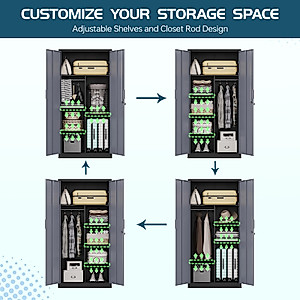 MIIIKO Metal Clothing Storage Locker, Steel Wardrobe Cabinets with Shelves and Closet Rod, 72" Large Storage Locker Closet for Sports Equipment, Tools, Cleaning Supplies, Garments