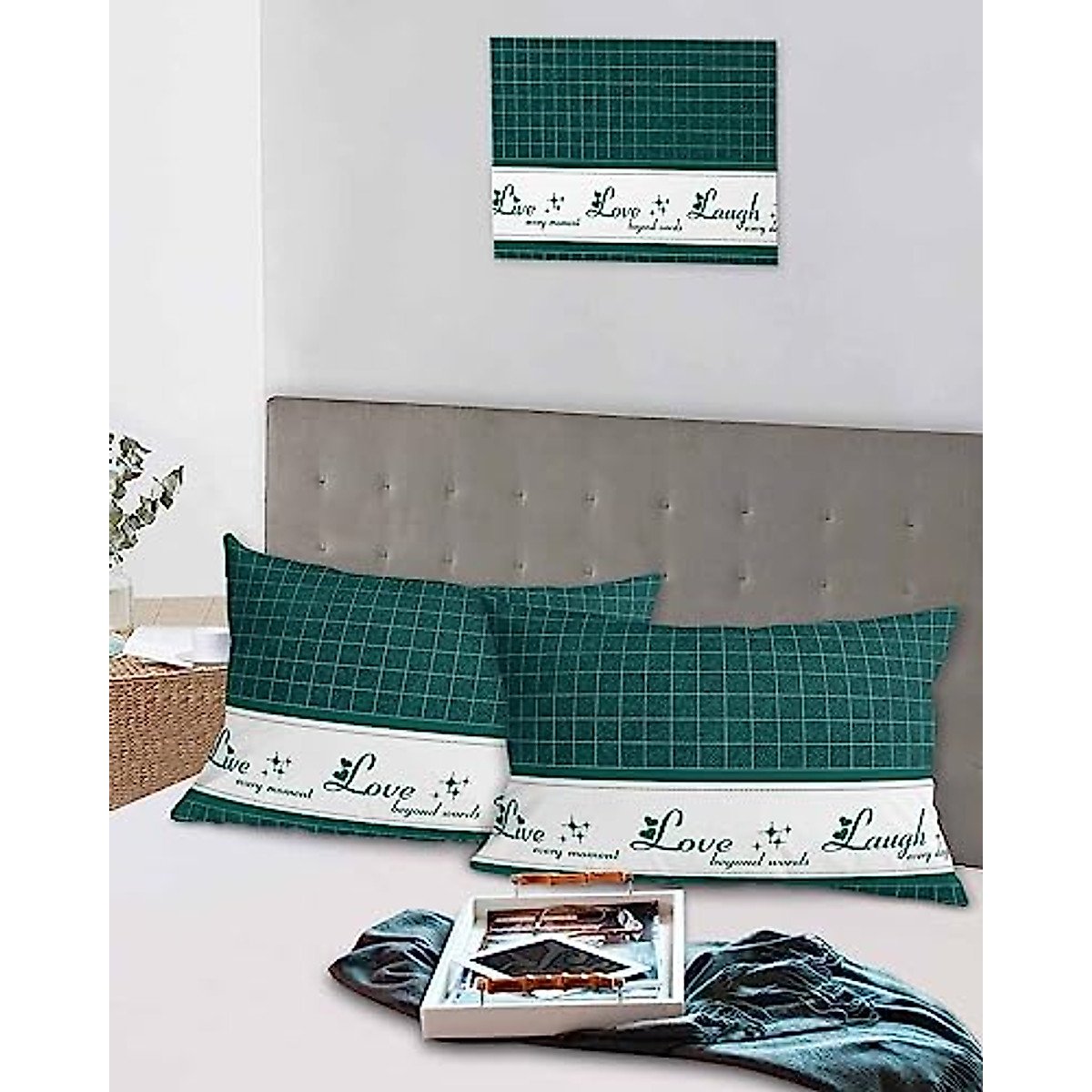 Edwiinsa Teal Plaid Pillow Covers Standard Size Set of 2 20x26 Bed Pillow, Turquoise Rustic White Live Love Laugh Plush Soft Comfort for Hair/Skin Cooling Pillowcases with Envelop Closure