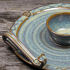 Castle Arch Pottery Handmade Party Platter with Dip Bowl. 9” Diameter Serving Plate with Celtic Spiral Logo. Original Irish Design Hand-Glazed for Durability and Quality of Finish (Green)