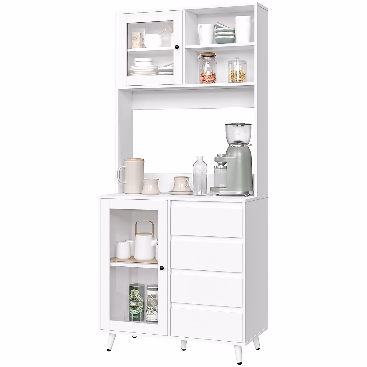 FACBOTALL 71'' Tall Kitchen Pantry Storage Cabinet with Large Countertop, Kitchen Buffet Hutch Cabinet with 2 Adjustable Shelves & Tempered Glass Doors, 4 Handless Drawers for Home, White