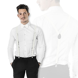 ULEEMARK White Suspenders for Women Adjustable Buckle with Strong Clip White Bow Tie,Elastic Y Shape White suspenders for men for Wedding