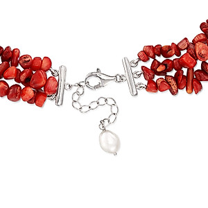 Ross-Simons 4-9mm Red Coral Bead and 7-8mm Cultured Pearl 3-Strand Necklace With Sterling Silver. 17.5 inches