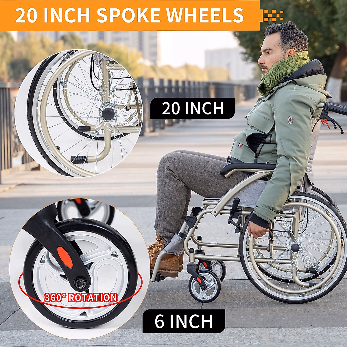 HomyKing Ultra Lightweight Wheelchair, Foldable Transport Wheelchairs for Adults with Swing-Away Footrest