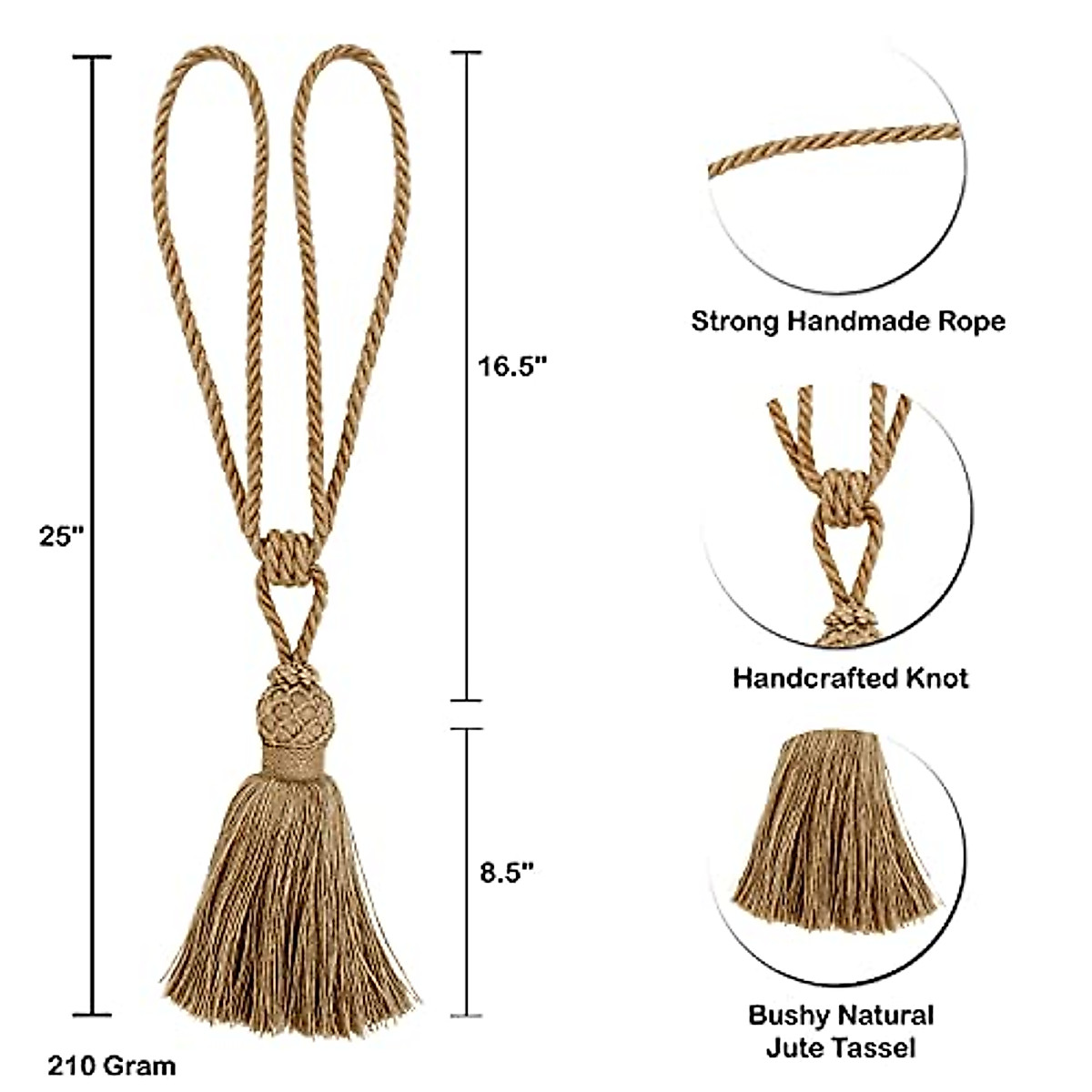 MALANOV 2 Pack Curtain Tiebacks, Strong Heavy Handmade Natural Jute Rope Drapery TieBacks, Decorative Holdbacks Holders for Window Sheer and Blackout Panels