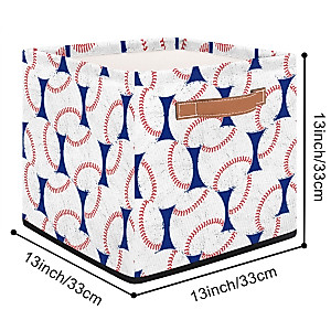 KOBLEN Sports Baseball Ball Square Storage Basket Collapsible Storage Box Clothes Basket 13x13 Inch Large Cube Storage Bin With PU Leather Handle for Home Office Closet Shelves