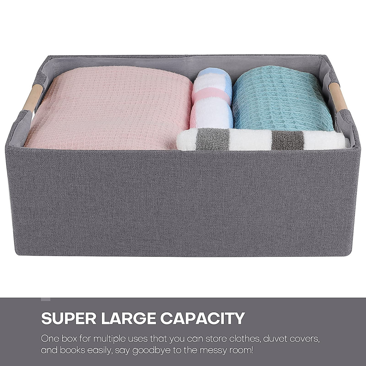 ANMINY 4PCS Storage Baskets for Organizing Collapsible Fabric Storage Bins Boxes with Wood Handles Closet Shelves Cube Organizer Bins Clothes Laundry Storage Container - Large, Gray