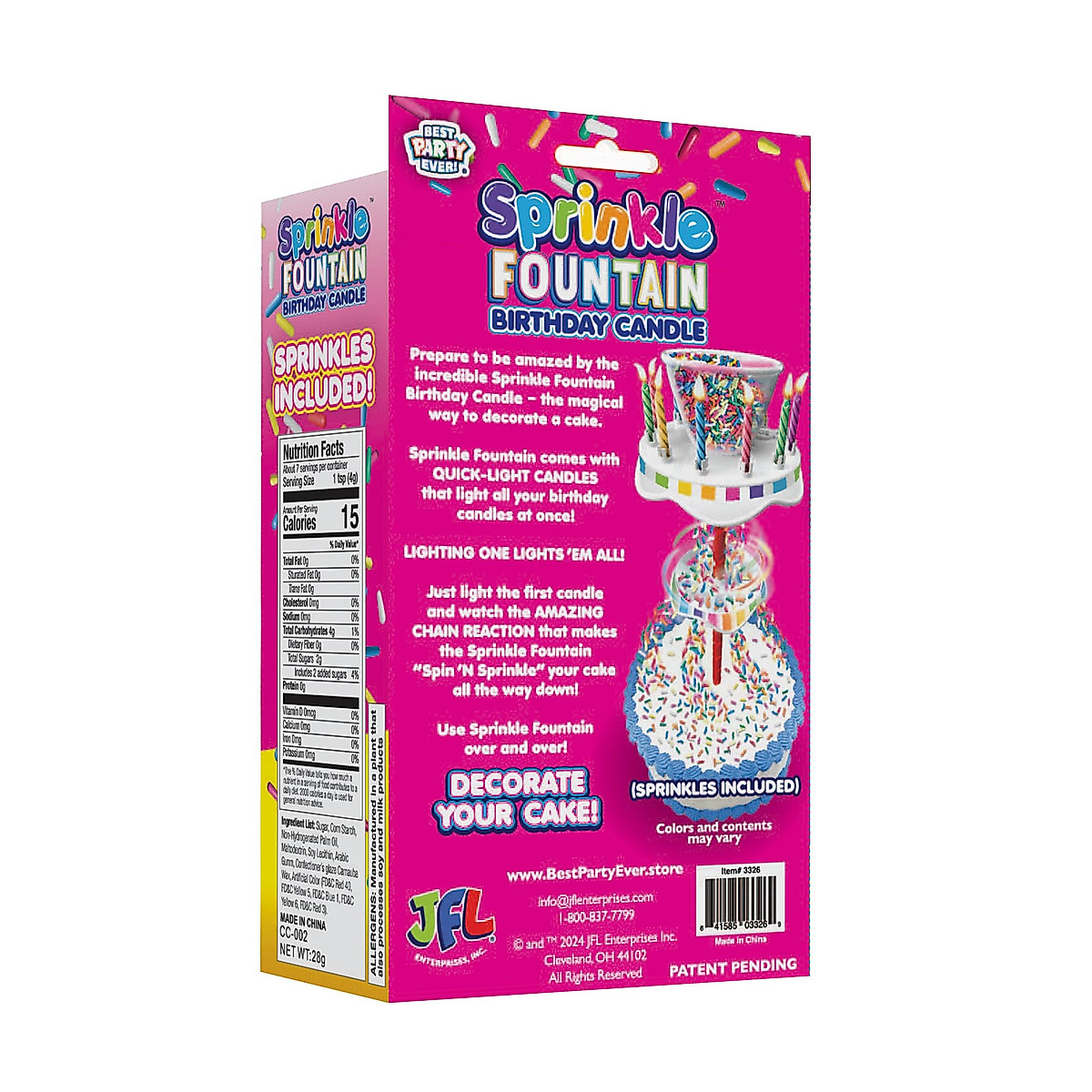 BEST PARTY EVER! Sprinkle Fountain Birthday Candle with 32 Candles, Reusable Sprinkle Spinning Birthday Cake Topper, Decorate Your Cake in Sprinkles