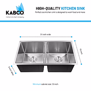 KABCO 18 Gauge 31 Inch Double Bowl Undermount Stainless Steel Kitchen Sink with 4 Pieces Sink Accessories, Rust Resistant Sound and Heatproof Laser Cut Tight Radius Sink for Indoor or Outdoor Kitchens