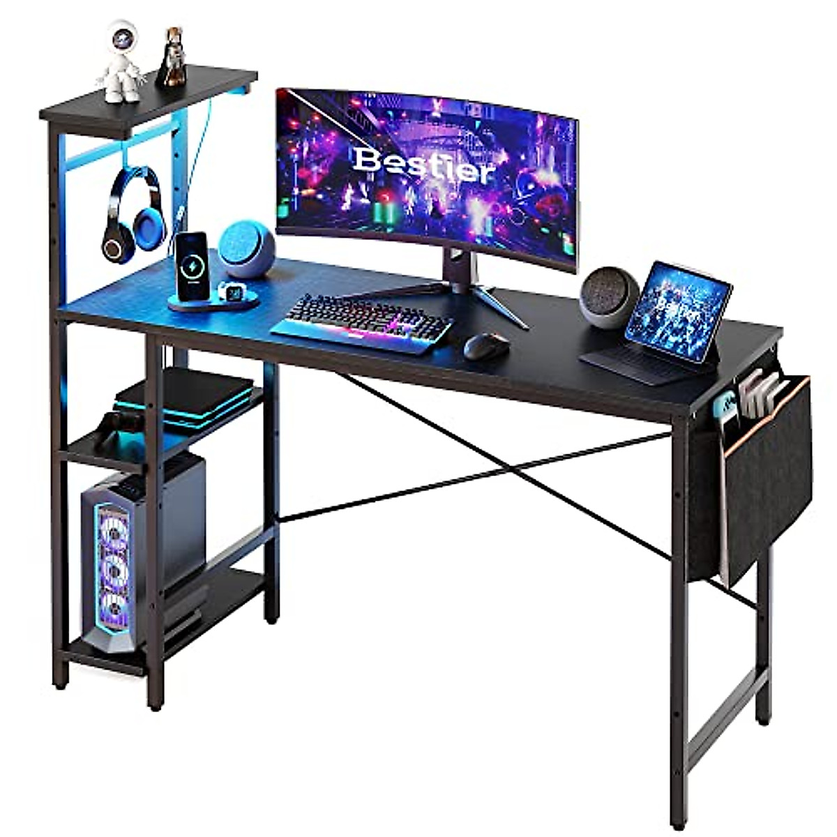 Bestier Gaming Desk with LED Lights, Computer Desk with 4 Tiers Reversible Shelves, 51.3 Inch Home Office Writing Desk with Side Storage Bag, Hooks and Height Adjustable Shelf (Black Grained)