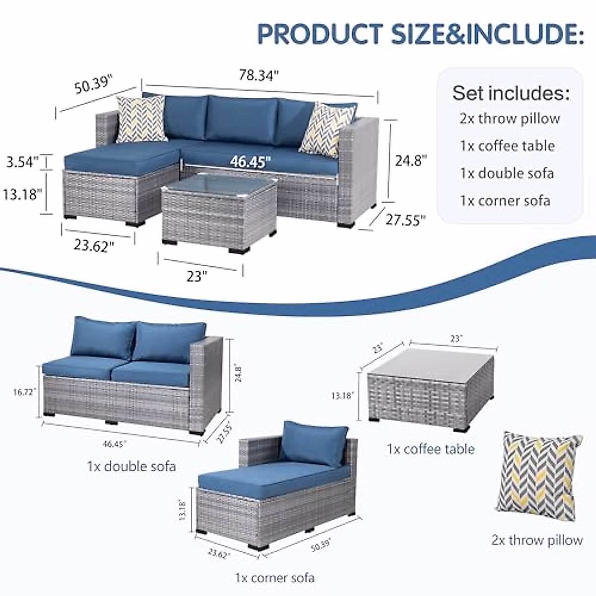 Shintenchi Patio Furniture Sets 3 Pieces Outdoor Sectional Sofa Silver All-Weather Rattan Wicker Sofa Small Patio Conversation Couch with Washable Cushion and Glass Table(Aegean Blue)