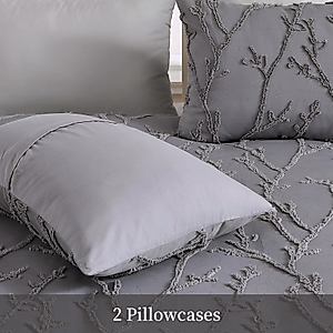 GlowSol Grey Duvet Covet Set Branches Jacquard Tufted Pattern, 3 Pieces Bedding Set Super Soft Embroidery Shabby Chic Bedding Duvet Cover, 90"×90" + 20"×26"×2