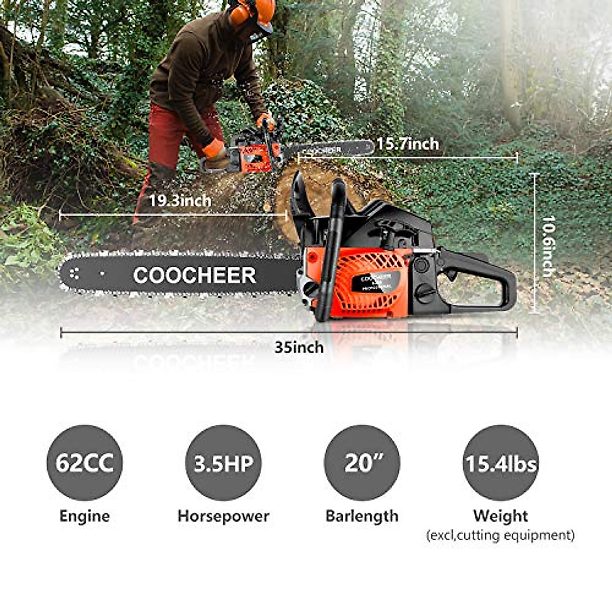 COOCHEER 62CC Gas Chainsaw, 20" 2-Stroke Portable Gasoline Chainsaw with Carrying Bag & 2 Chains Tool Kit, Petrol Wood Cutting Saw for Tree Stumps and Firewood Cutting(Upgraded Version)