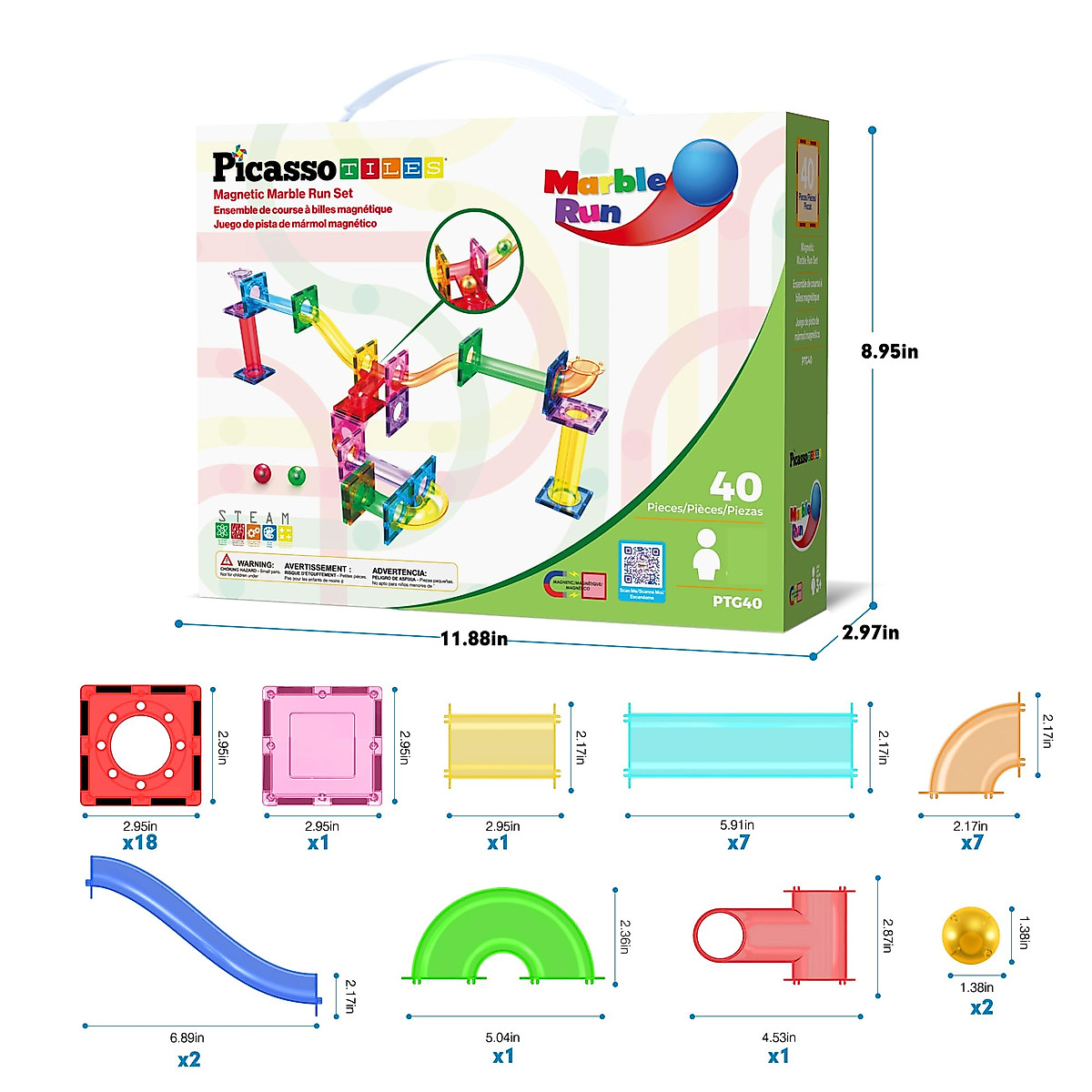 PicassoTiles Marble Run Magnetic Tile Race Track Toy Play Set STEM Building & Learning Early Educational Child Magnet Construction Block Creative Kit Boys & Girls Age 3+ Years Old Toys PTG40