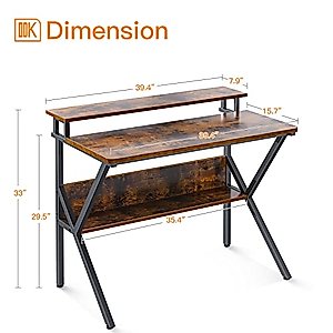 ODK Small Desk, 39 Inch Small Computer Desk for Small Spaces, Compact Desk with Storage, Tiny Desk Study Desk with Monitor Stand for Home Office, Rustic Brown