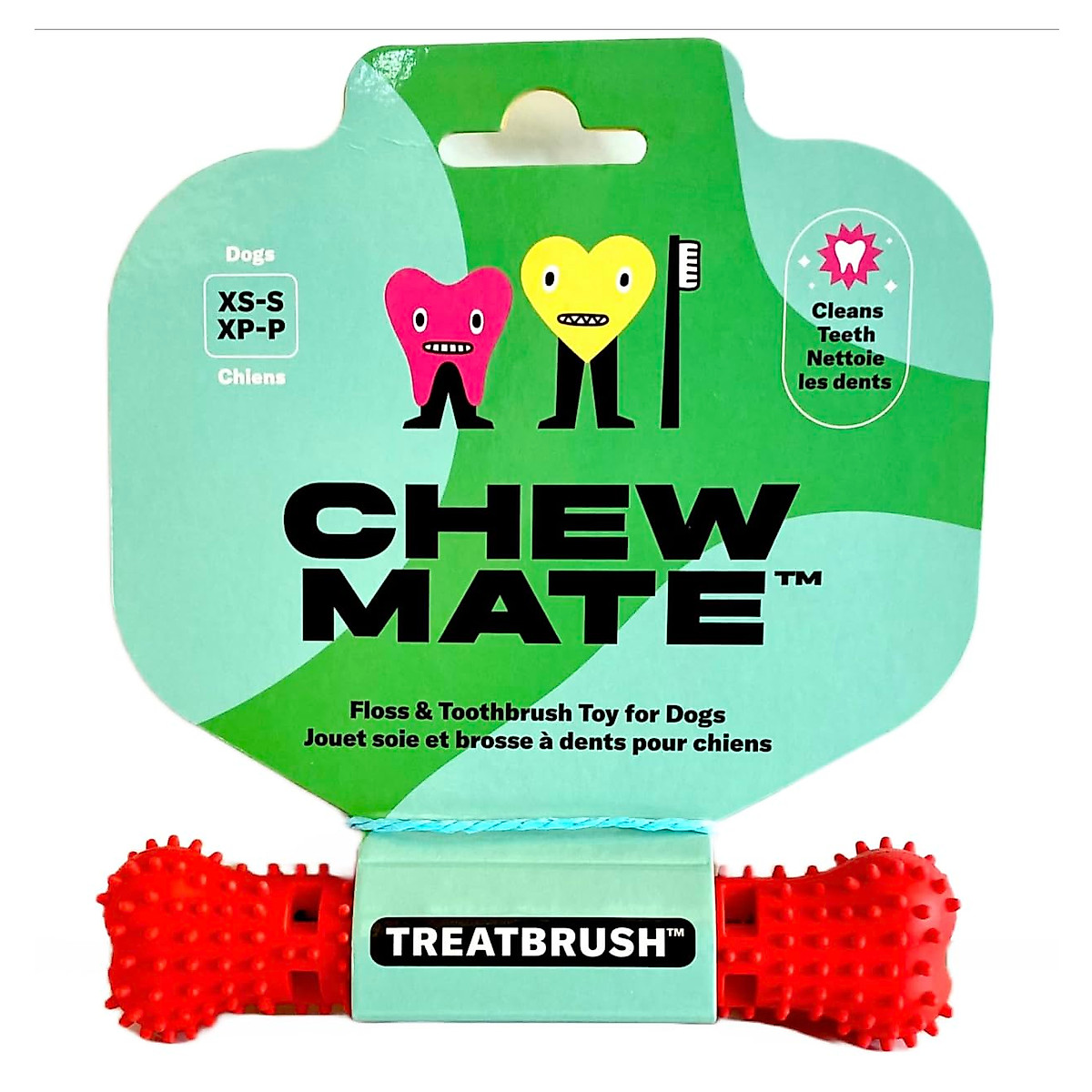 Chewmate Treatbrush Dog Chew Toy - Floss and Toothbrush Toy for Dogs Cleans Teeth Gums and Tongue - Rubber - Dishwasher Safe (Small)