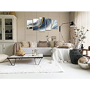 HW Hongwu Wall Art Canvas Abstract Print Picture 60x30 inch Blue Graffiti Paintings Gold Foil Line Artwork 5 Panels a Set for Living Room