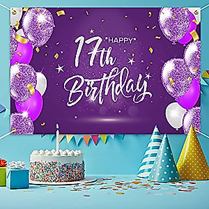 HAMIGAR 6x4ft Happy 17th Birthday Banner Backdrop - 17 Years Old Birthday Decorations Party Supplies for Girls - Purple