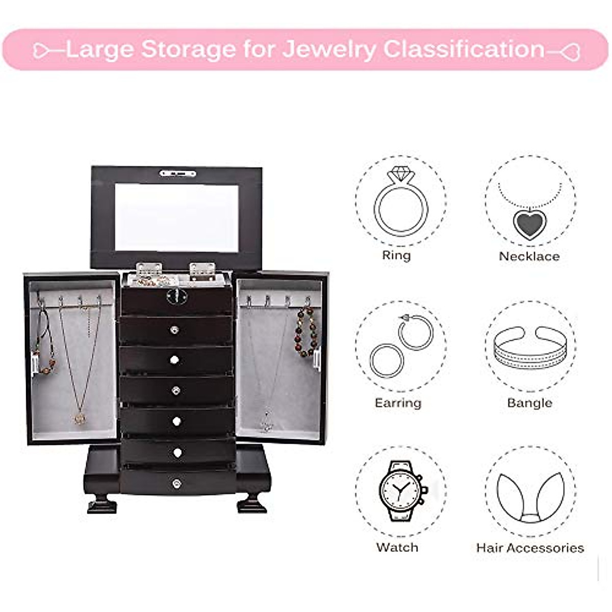 MTFY Jewelry Armoires Cabinet Stand, Large Capacity Storage Stand Organizer, 6 Drawers Freestanding Wooden Jewelry Cabinet with Flip up Mirror, Velvet Lining for Bedroom & Living Room